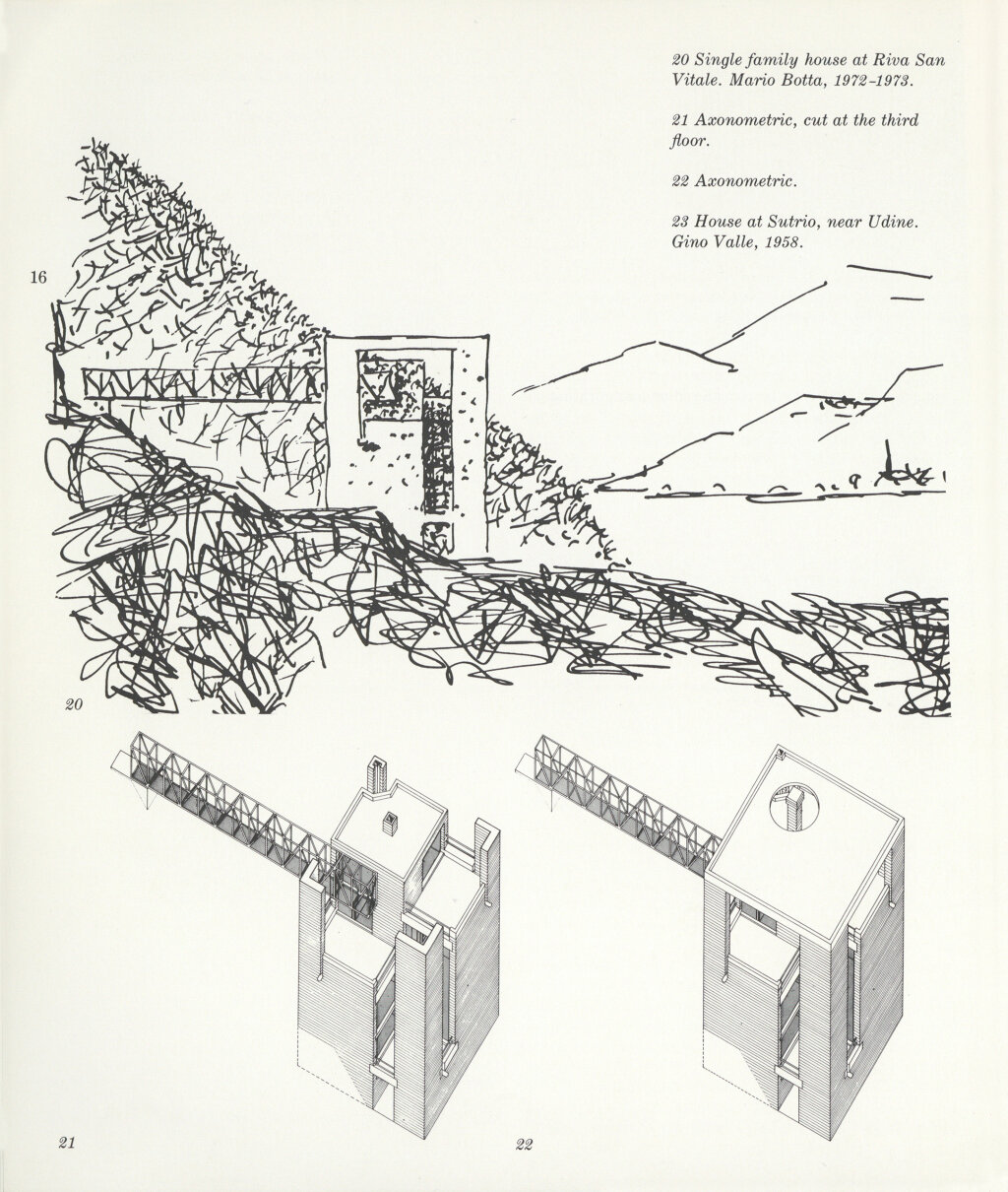 20 Mario Botta sketch and axonometric views of Casa Bianchiin Riva San ...